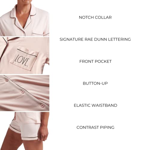 Rae Dunn Women's Pink LOVE Short Sleeve Button Up Notch Collar Shirt with Pocket and Shorts Pajama Set, Small