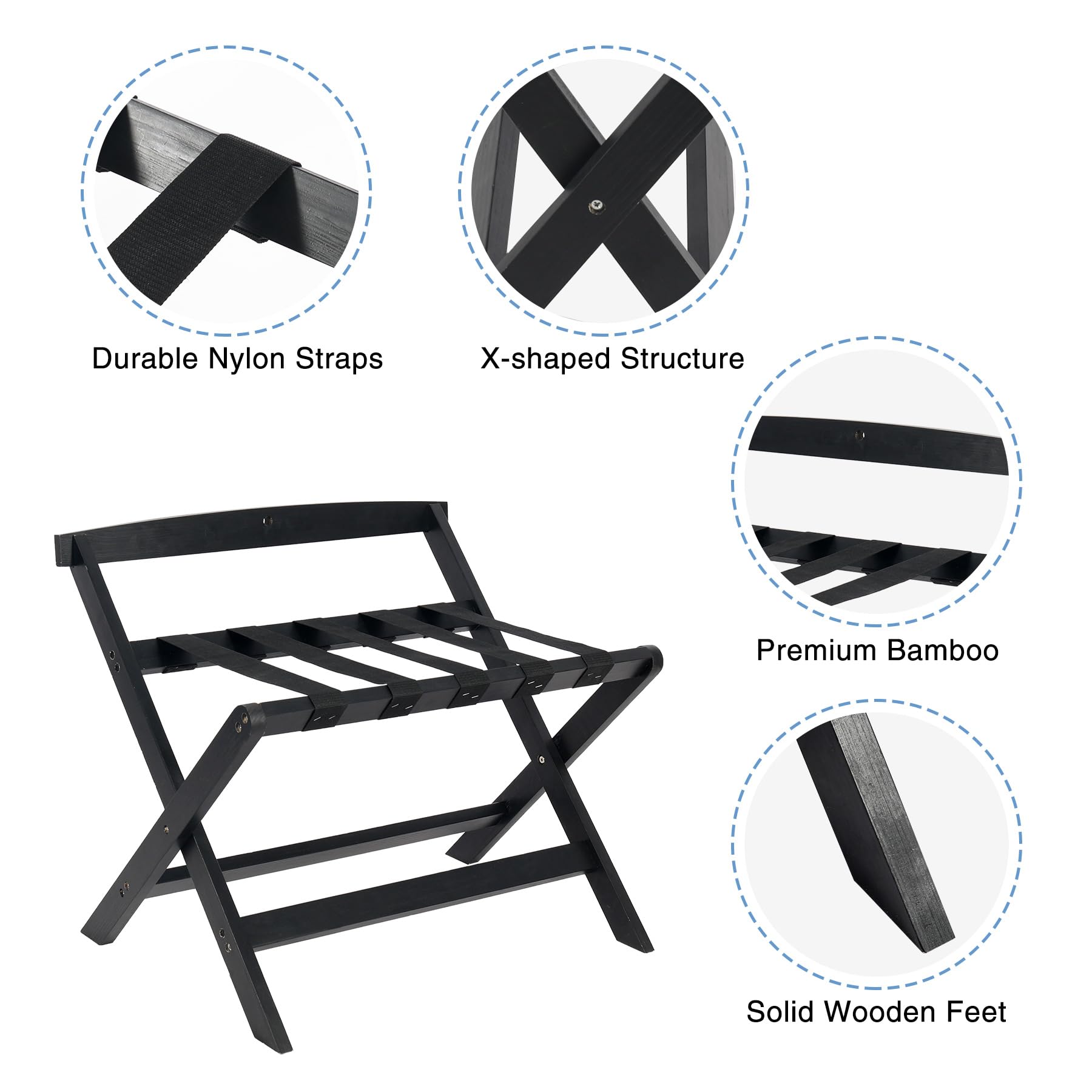 ALAPUR Bamboo Luggage Rack for Guest Room, Folding Luggage Holder with Storage Shelf , Suitcase Stand for Bedroom,Guest Room,Hotel,Black