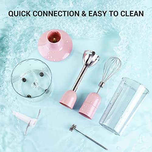 Immersion Hand Blender, ISILER 5-in-1 500-Watt Multi-Purpose Stick Blender with 860ml Food Chopper, 600ml Container, Milk Frother, Egg Whisk, 8-Speed for Puree Infant Food Smoothies Soups Pink