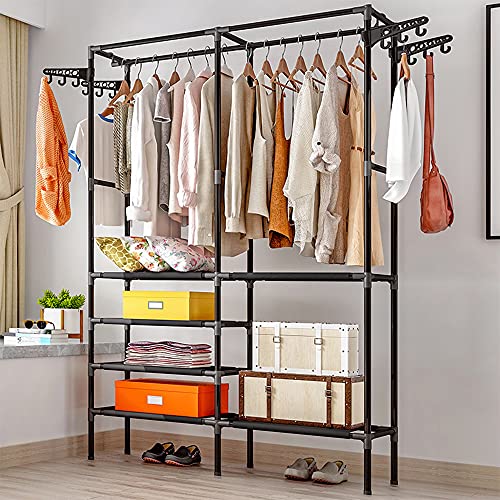 MOAMUN Metal Garment Rack Clothing Hanging Rack Free Standing Clothing Hanger with Top Rod,Lower Storage Shelves for Home Bedroom Laundry (Black)