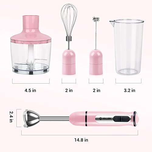 Immersion Hand Blender, ISILER 5-in-1 500-Watt Multi-Purpose Stick Blender with 860ml Food Chopper, 600ml Container, Milk Frother, Egg Whisk, 8-Speed for Puree Infant Food Smoothies Soups Pink