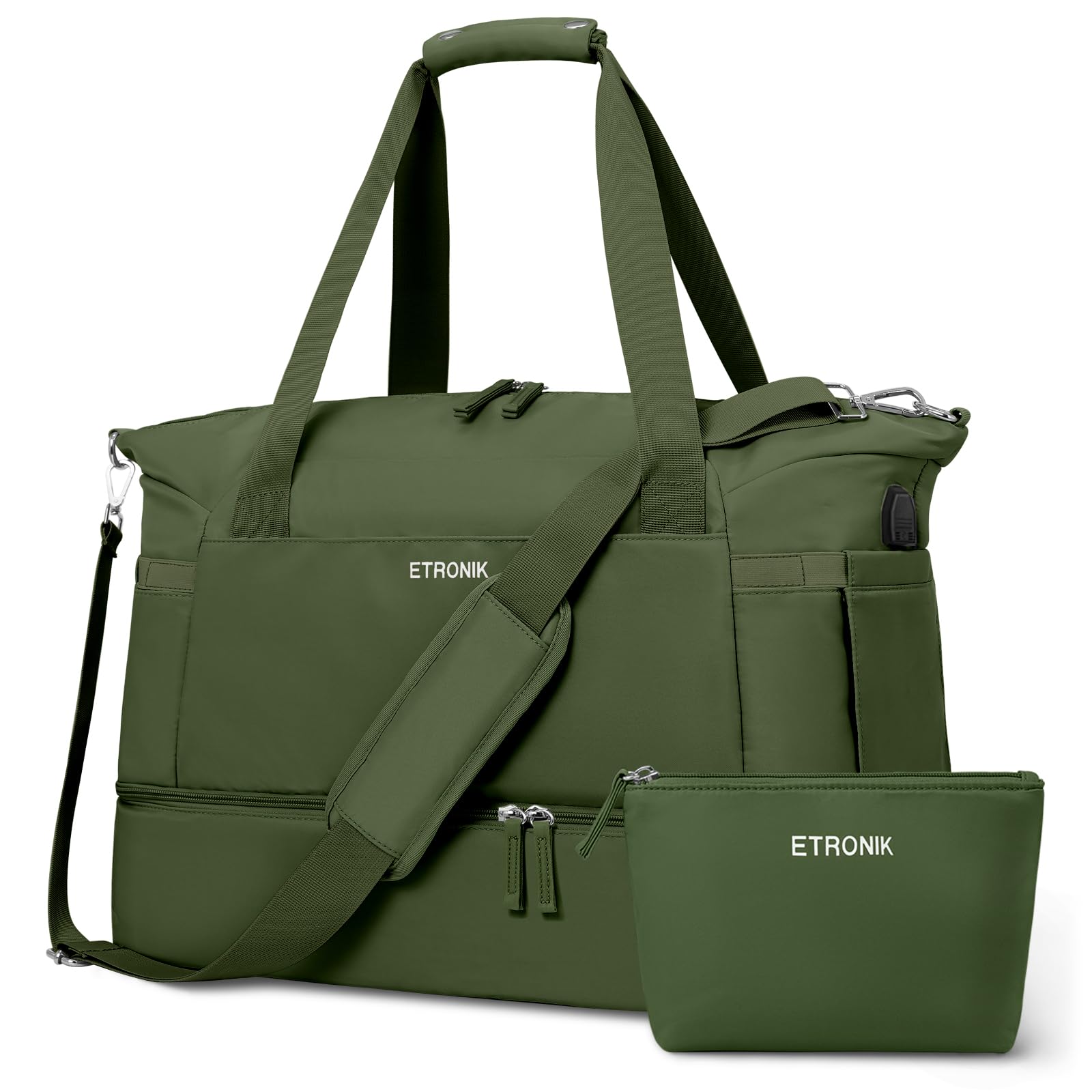 ETRONIK Gym Bag for Women, Travel Duffel Bag with USB Charging Port, Weekender Overnight Bag with Wet Pocket and Shoes Compartment for Women, Travel, Gym, Yoga (Army Green)