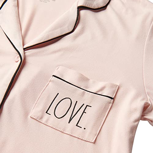 Rae Dunn Women's Pink LOVE Short Sleeve Button Up Notch Collar Shirt with Pocket and Shorts Pajama Set, Small