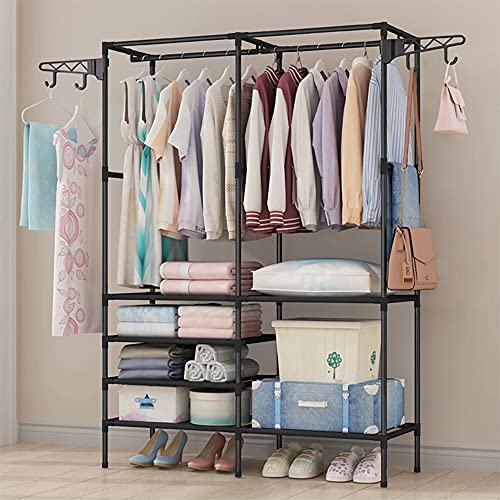 MOAMUN Metal Garment Rack Clothing Hanging Rack Free Standing Clothing Hanger with Top Rod,Lower Storage Shelves for Home Bedroom Laundry (Black)