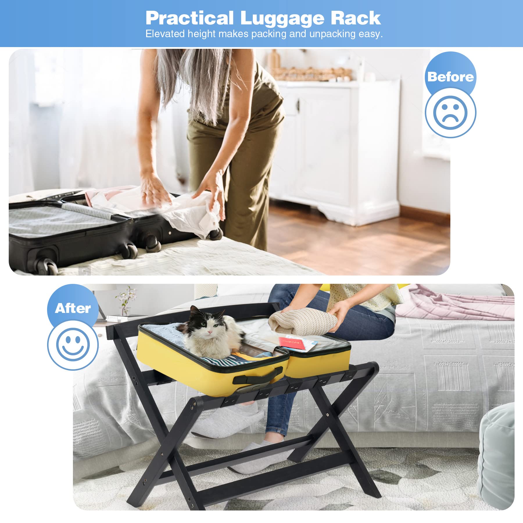 ALAPUR Bamboo Luggage Rack for Guest Room, Folding Luggage Holder with Storage Shelf , Suitcase Stand for Bedroom,Guest Room,Hotel,Black
