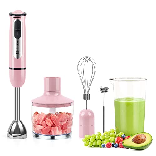 Immersion Hand Blender, ISILER 5-in-1 500-Watt Multi-Purpose Stick Blender with 860ml Food Chopper, 600ml Container, Milk Frother, Egg Whisk, 8-Speed for Puree Infant Food Smoothies Soups Pink