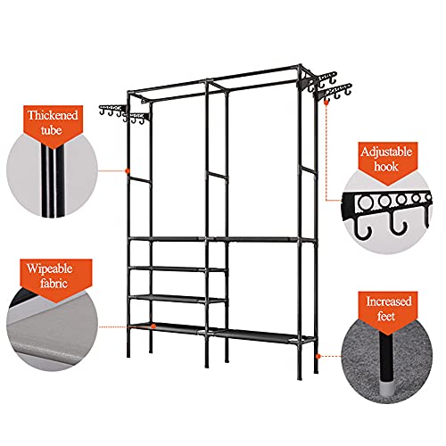 MOAMUN Metal Garment Rack Clothing Hanging Rack Free Standing Clothing Hanger with Top Rod,Lower Storage Shelves for Home Bedroom Laundry (Black)