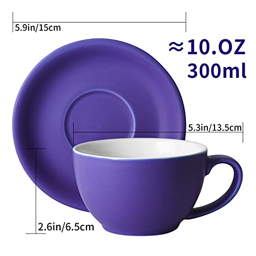 Yundu Porcelain Latte Cup and Saucer - 10 oz for Cappuccino,Tea,Cafe Mocha, Set of 4,Matte Mixed Color