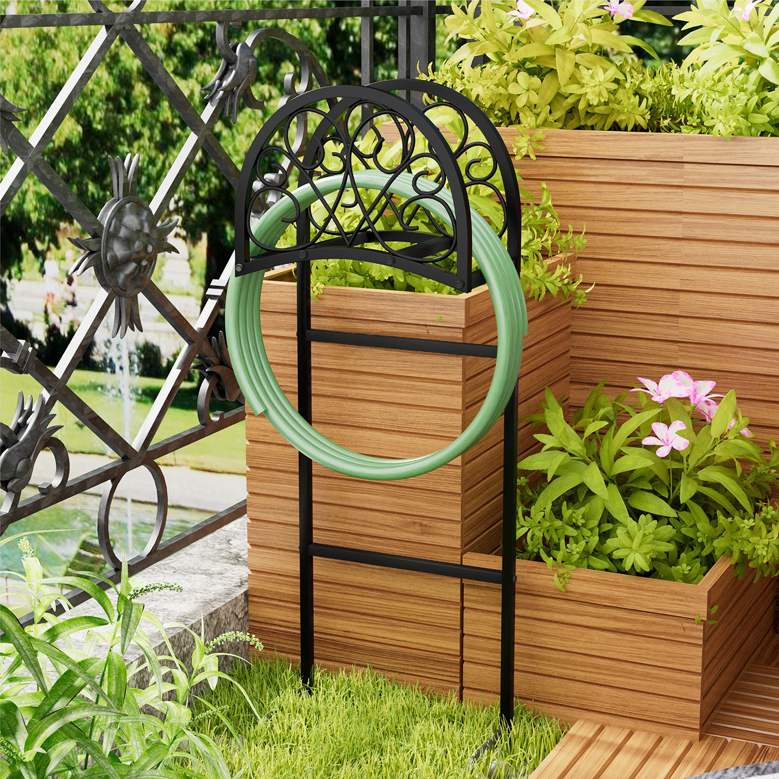 Dosker Heavy Duty Garden Hose Reel Storage Rack - Metal Standing Hose Holder for Expandable, Pocket, Magic, Flexible Hoses in Backyard