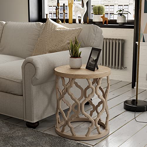 COZAYH Farmhouse End Table, Distressed Wood Top Side Table with Curved Motif Frame Base for Boho, Rustic, Round, Natural