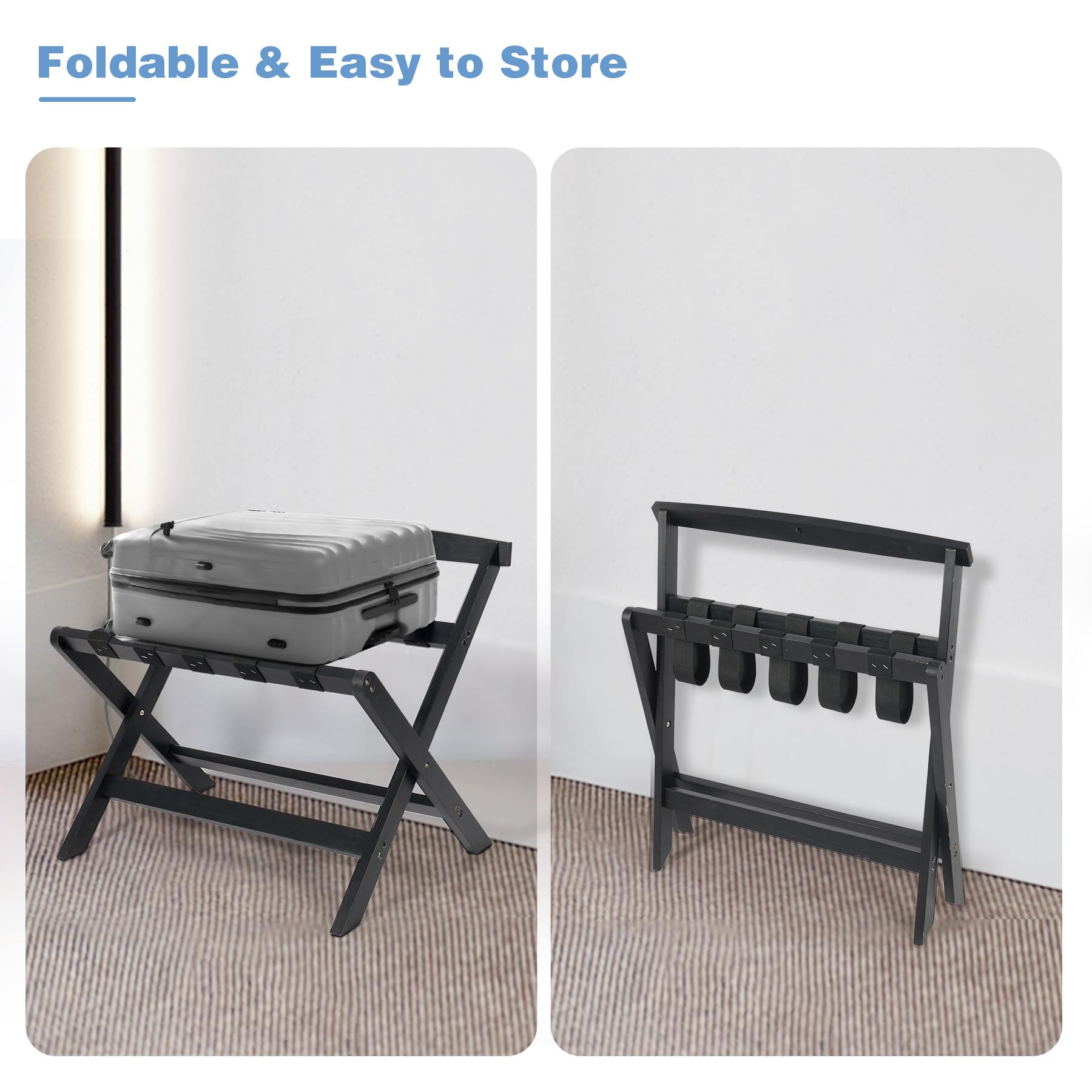 ALAPUR Bamboo Luggage Rack for Guest Room, Folding Luggage Holder with Storage Shelf , Suitcase Stand for Bedroom,Guest Room,Hotel,Black
