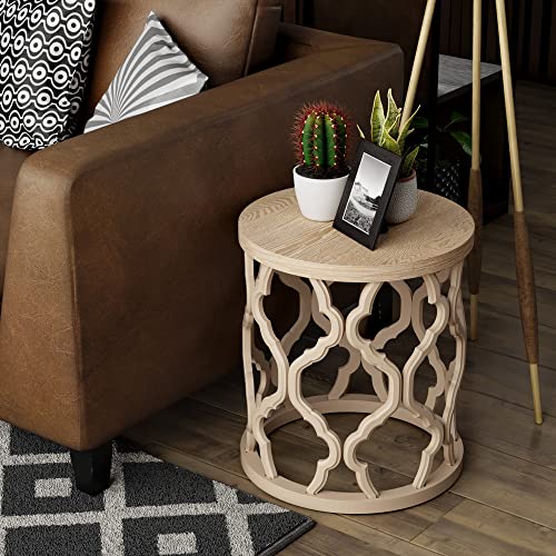 COZAYH Farmhouse End Table, Distressed Wood Top Side Table with Curved Motif Frame Base for Boho, Rustic, Round, Natural