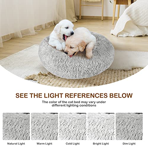 CAPSCEOLL Calming Dog Cat Bed Round Donut Dog Bed Warming Fluffy 20 Inches Anti-Anxiety Bed for Small Medium Dogs and Cats with Non-Slip Bottom,Grey