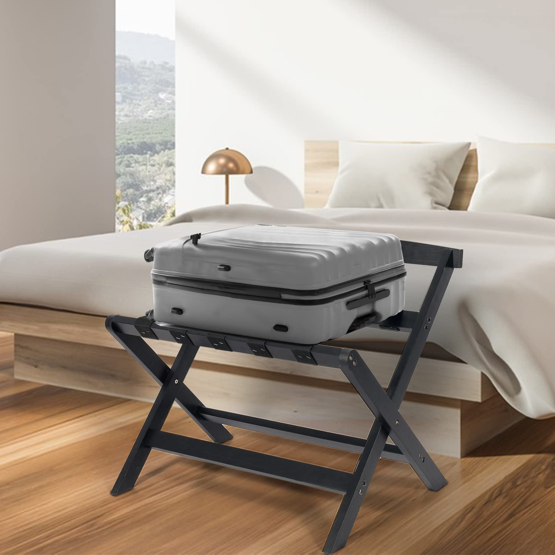 ALAPUR Bamboo Luggage Rack for Guest Room, Folding Luggage Holder with Storage Shelf , Suitcase Stand for Bedroom,Guest Room,Hotel,Black