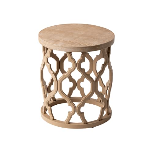 COZAYH Farmhouse End Table, Distressed Wood Top Side Table with Curved Motif Frame Base for Boho, Rustic, Round, Natural