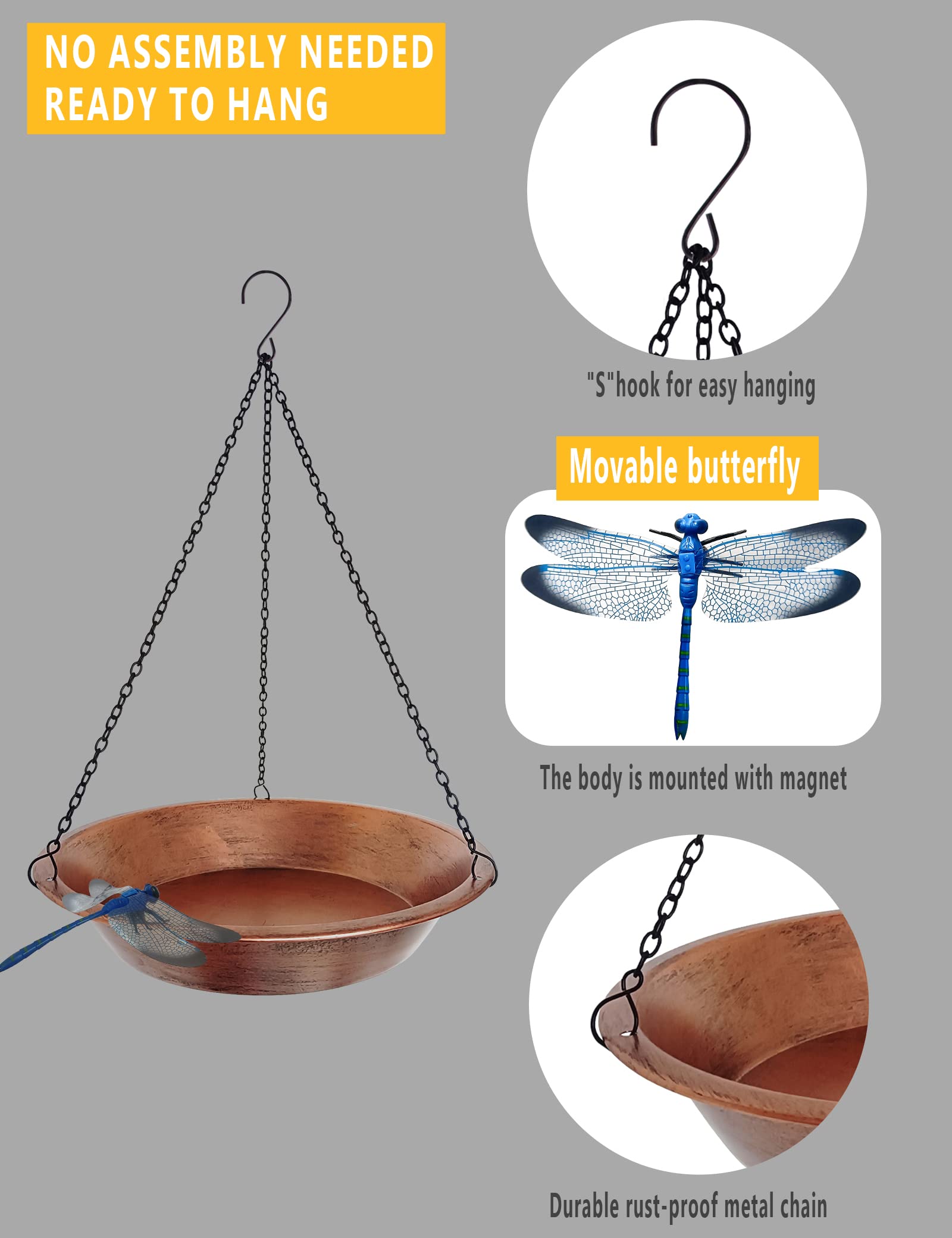 Keygift Hanging Bird Bath for Outdoor, Antique Copper Metal Bird Feeder Birdbath Bowl with 17” Rust-Proof Black Chains for Garden Backyard Decor