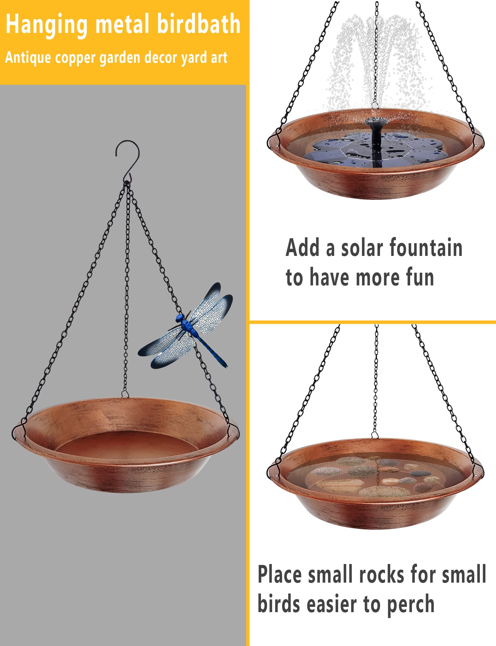 Keygift Hanging Bird Bath for Outdoor, Antique Copper Metal Bird Feeder Birdbath Bowl with 17” Rust-Proof Black Chains for Garden Backyard Decor
