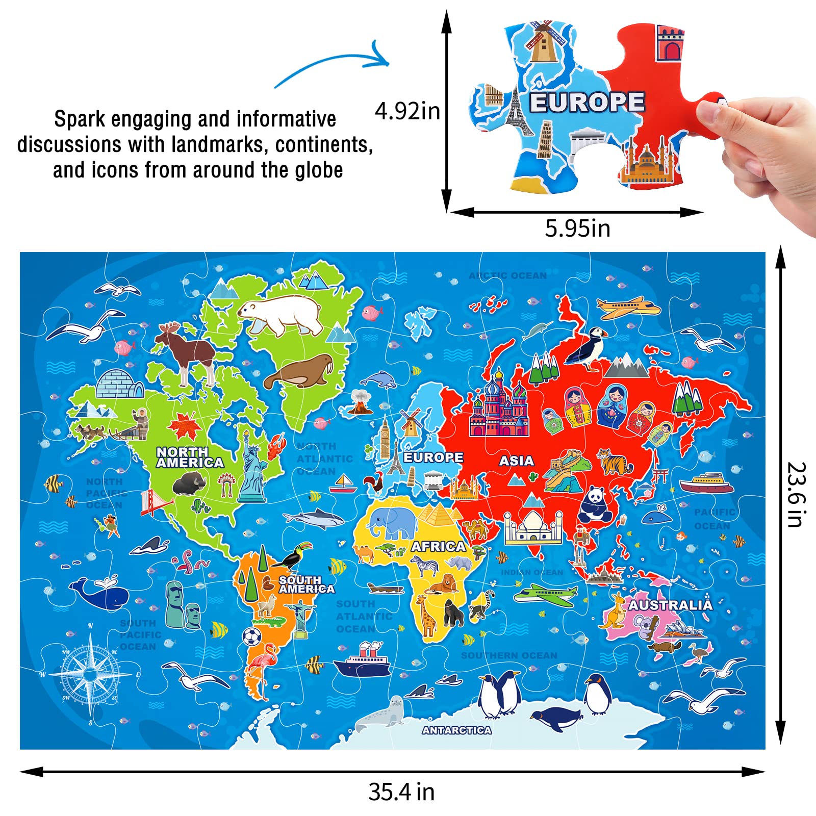 Jumbo Floor Puzzle for Kids,World Map Puzzle Jigsaw Geography Puzzles,48 Piece Globe Atlas Puzzle with Continents,United States Puzzle for Ages 3-5,Preschool Learning Toys Gift for 4-8 Years Old