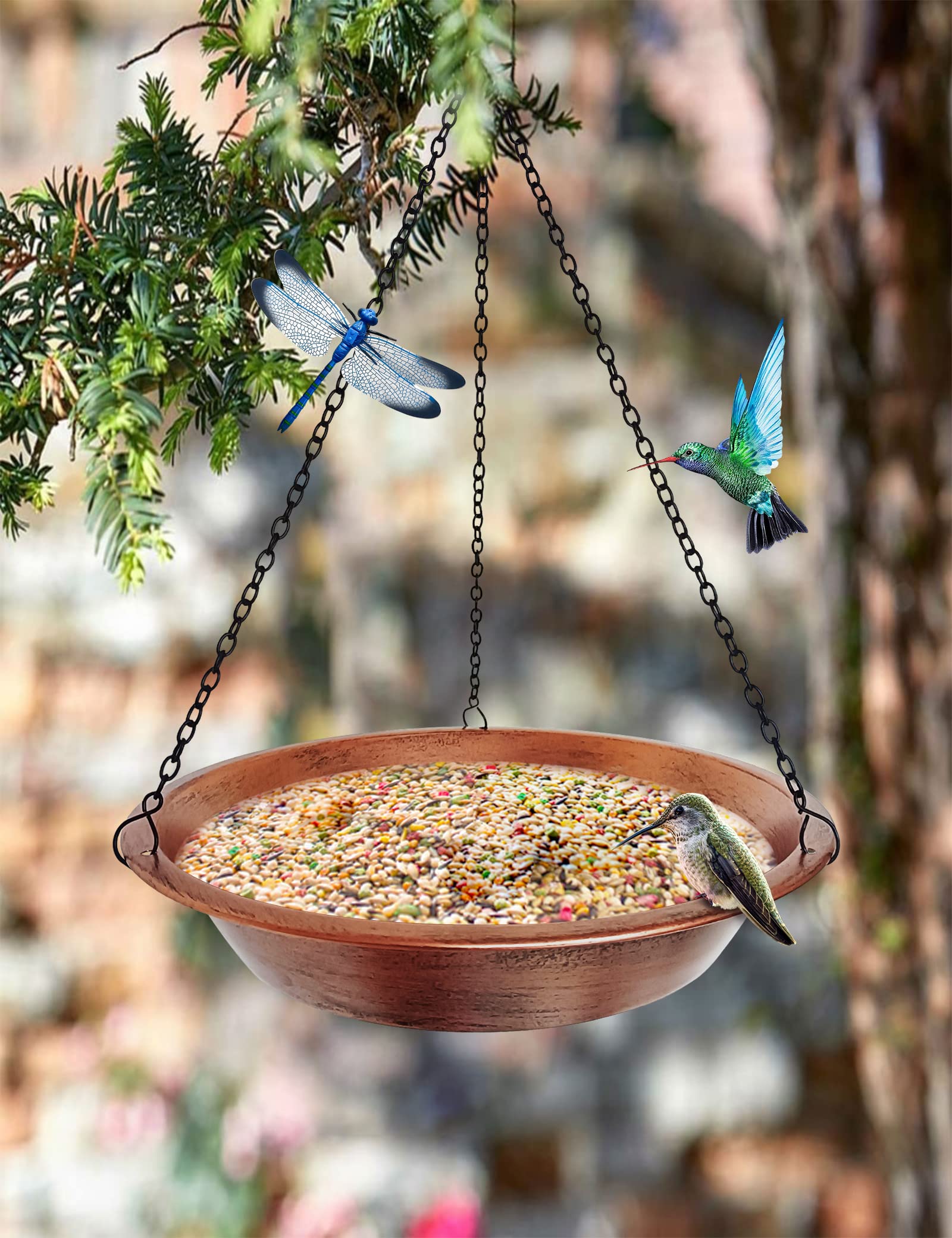 Keygift Hanging Bird Bath for Outdoor, Antique Copper Metal Bird Feeder Birdbath Bowl with 17” Rust-Proof Black Chains for Garden Backyard Decor