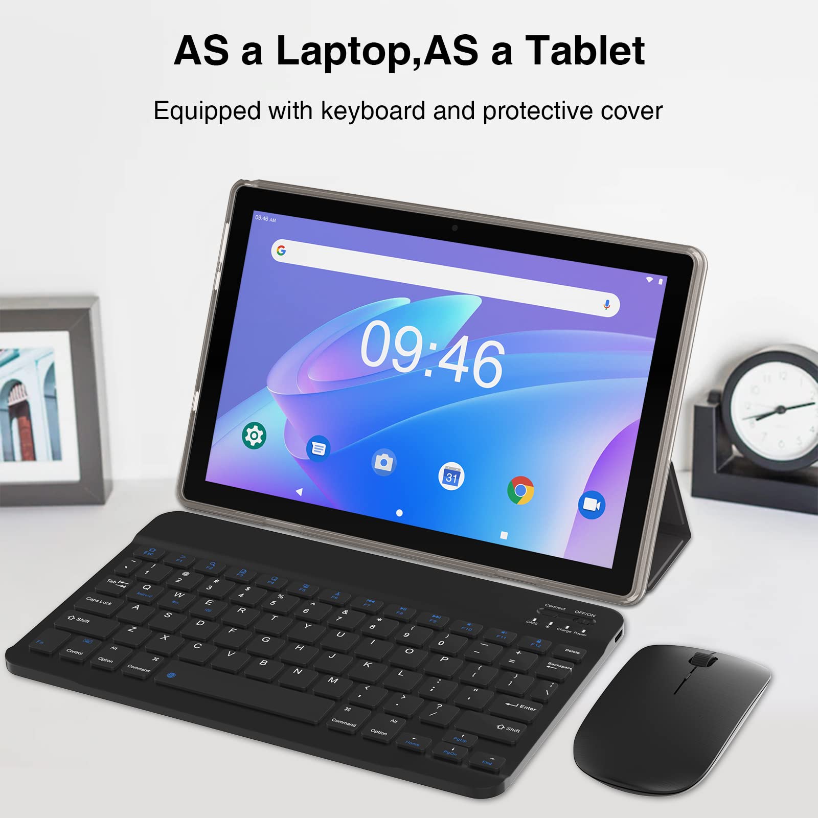 NOVOJOY NVCP20Pro 10.1-inch 1280x800 IPS HD Touchscreen Tablet with 4GB RAM, 128GB ROM, Bluetooth Keyboard, Mouse, and Protective Cover - Black