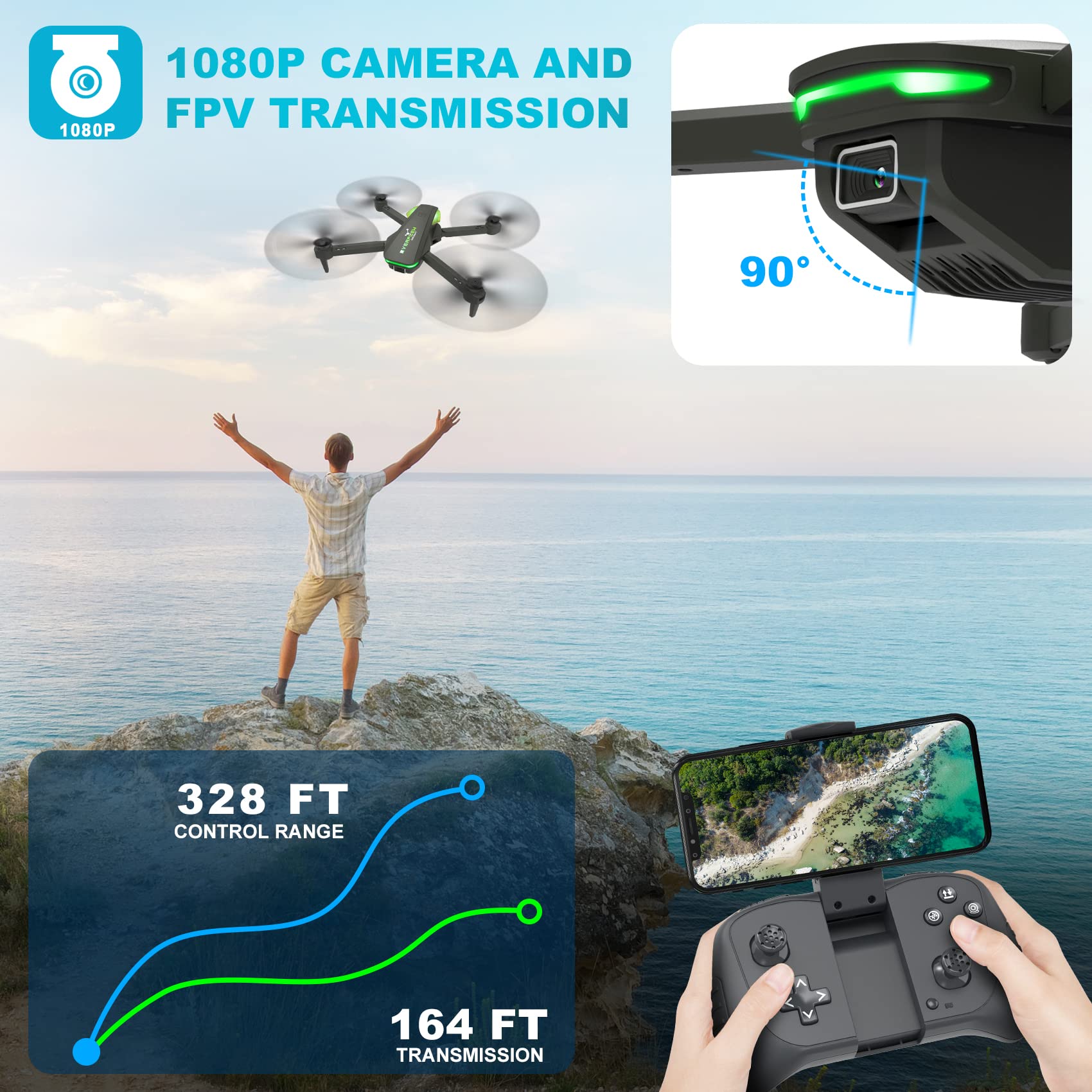 Hiturbo Drone with 1080P Camera for Adults & Kids, Foldable FPV Remote Control Quadcopter Voice Control, Gestures Selfie, Altitude Hold, One Key Start, 3D Flips, 2 Batteries, Green Black