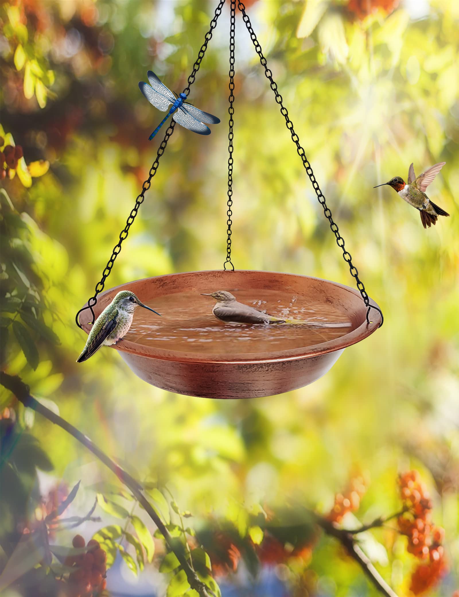 Keygift Hanging Bird Bath for Outdoor, Antique Copper Metal Bird Feeder Birdbath Bowl with 17” Rust-Proof Black Chains for Garden Backyard Decor