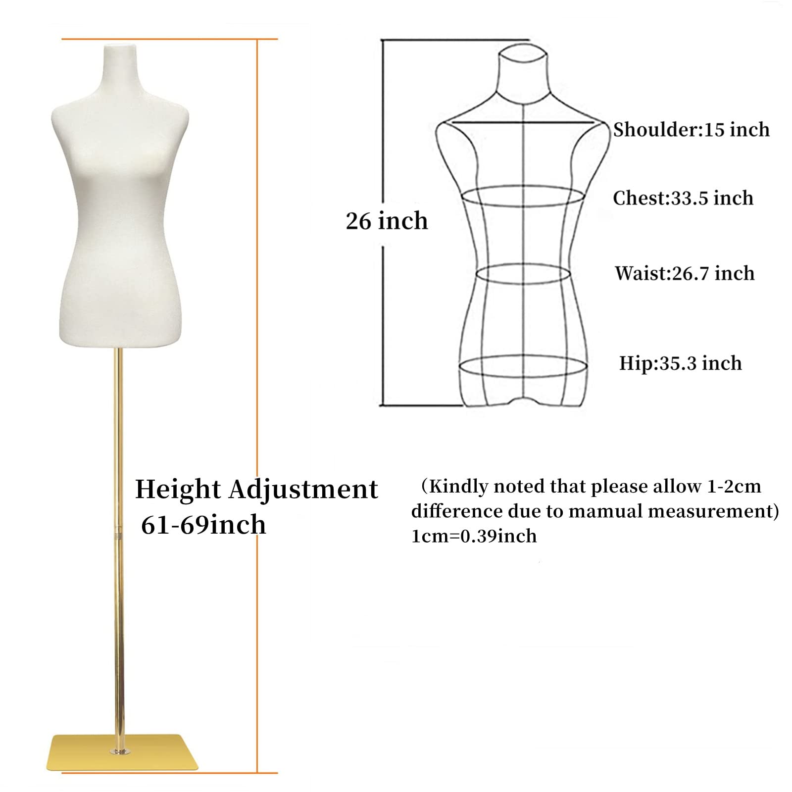 Female Dress Form Mannequin Torso,Height Adjustable Mannequin Stand, Realistic Model Display Body Stand Metall Base Clothing Forms, Beige