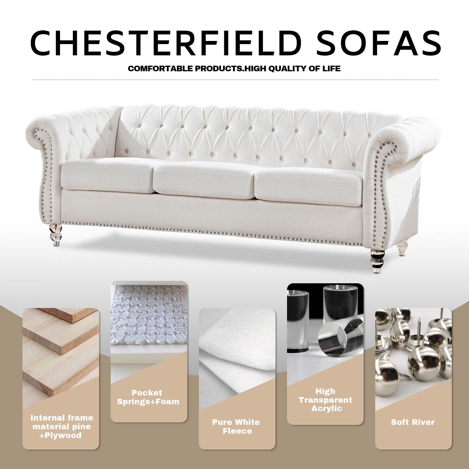 Vaztrlus White Velvet Couches for Living Room 3-Seater Chesterfield Sofa Tufted Sofa Furniture Couch Nailhead Upholstered Couches Minimalis Light Luxury Easy to Assemble