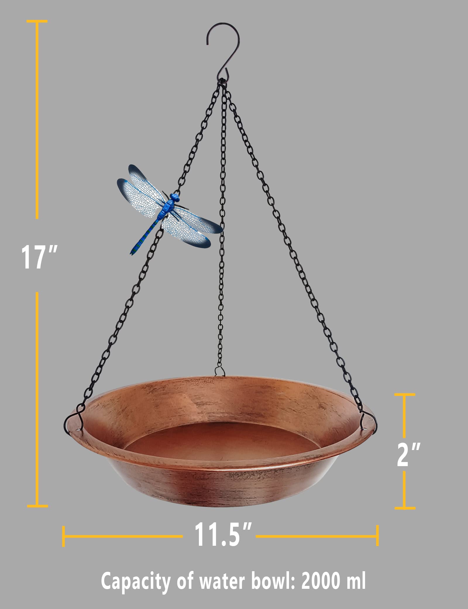 Keygift Hanging Bird Bath for Outdoor, Antique Copper Metal Bird Feeder Birdbath Bowl with 17” Rust-Proof Black Chains for Garden Backyard Decor