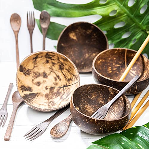 NaturalX Premium Coconut Bowls with Spoons (Set of 4) | Made from 100% Coconut Shell | Organic, Handmade, Vegan, Natural, Bamboo, Wooden, Eco Friendly, Reusable Bowl for Breakfast, Serving, Party