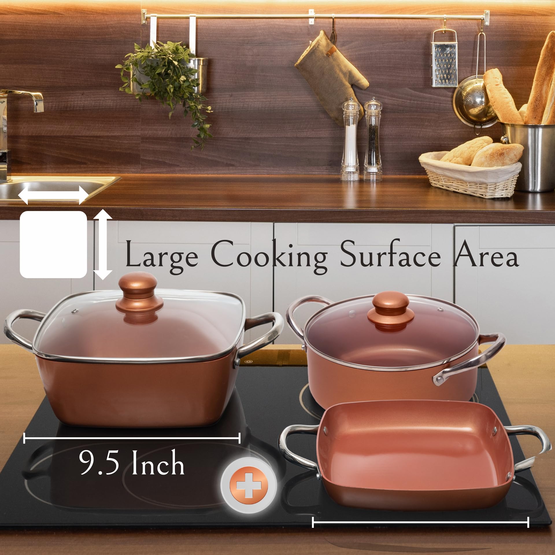 Moss & Stone 7 Pcs Copper Pots And Pans Set, Copper Chef Cookware Non Stick, Square Copper Pans for Cooking, Round Copper Pot & Fry Basket, Oven Safe 5 Quart Deep Frying Pan, Induction Cookware Set