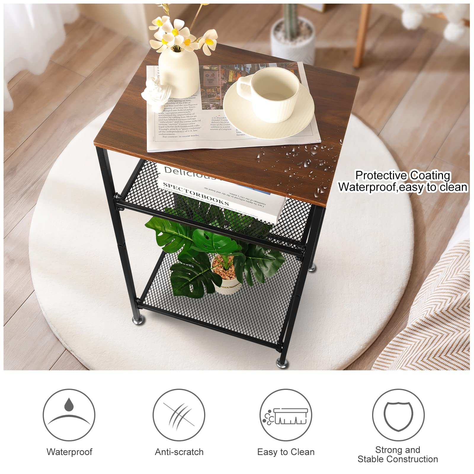 XASERDY 3-Tier Tall End Table,Slim Nightstands,Bedside Table with Storage Shelf,Sofa Side Tables for Small Space,for Living Room, Bedroom,Couch,Metal Frame