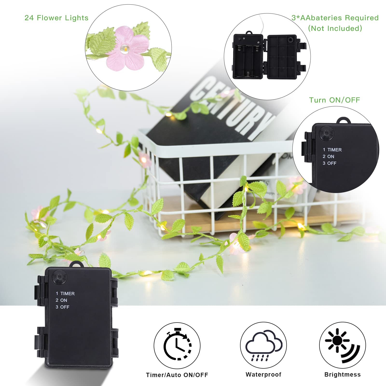 Vigdur 2 Packs Vine Lights - Tiny Leaf Ivy String Lights with 48 Cherry Blossom Lights Battery Powered Waterproof Fairy Light Indoor Outdoor for Bedroom Party Garden Wall Décor St. Patrick's Day