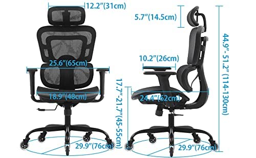 Office Chair, KERDOM Ergonomic Desk Chair, Comfy Breathable Mesh Task Chair with Headrest High Back, Home Computer Chair 3D Adjustable Armrests, Executive Swivel Chair with Roller Blade Wheels (Black)