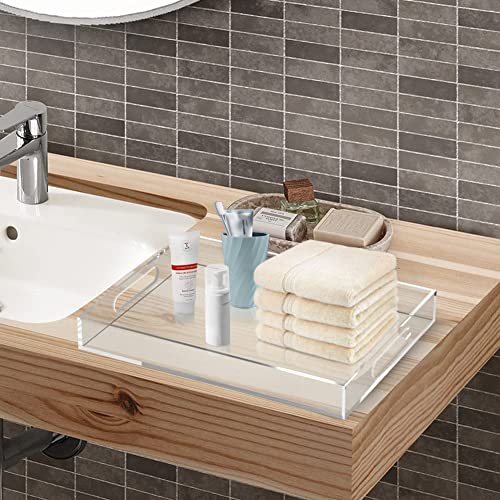 Allhercom Acrylic Serving Tray (12x16x2Inch) with Handles-Spill Proof-Clear Decorative Tray for Appetizer,Breakfast-Countertop Organizer Storage Tray for Kitchen,Bathroom,Living Room