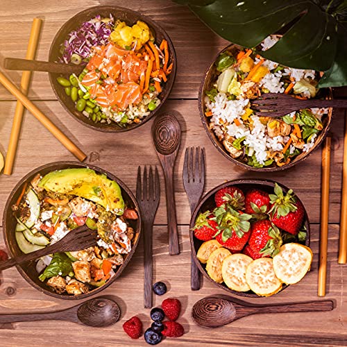 NaturalX Premium Coconut Bowls with Spoons (Set of 4) | Made from 100% Coconut Shell | Organic, Handmade, Vegan, Natural, Bamboo, Wooden, Eco Friendly, Reusable Bowl for Breakfast, Serving, Party
