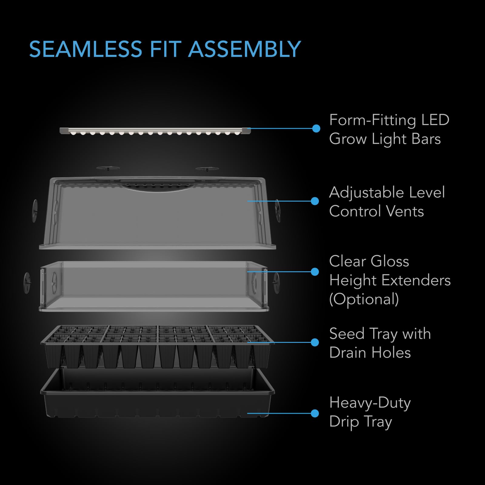 AC Infinity Heavy Duty 3mm Thick Humidity Dome with Height Extension, Germination Kit with LED Grow Light Bars, Sturdy Drip Tray, 6x12 Cell Tray for Indoor Gardening, Seed Starting, Cloning Plants