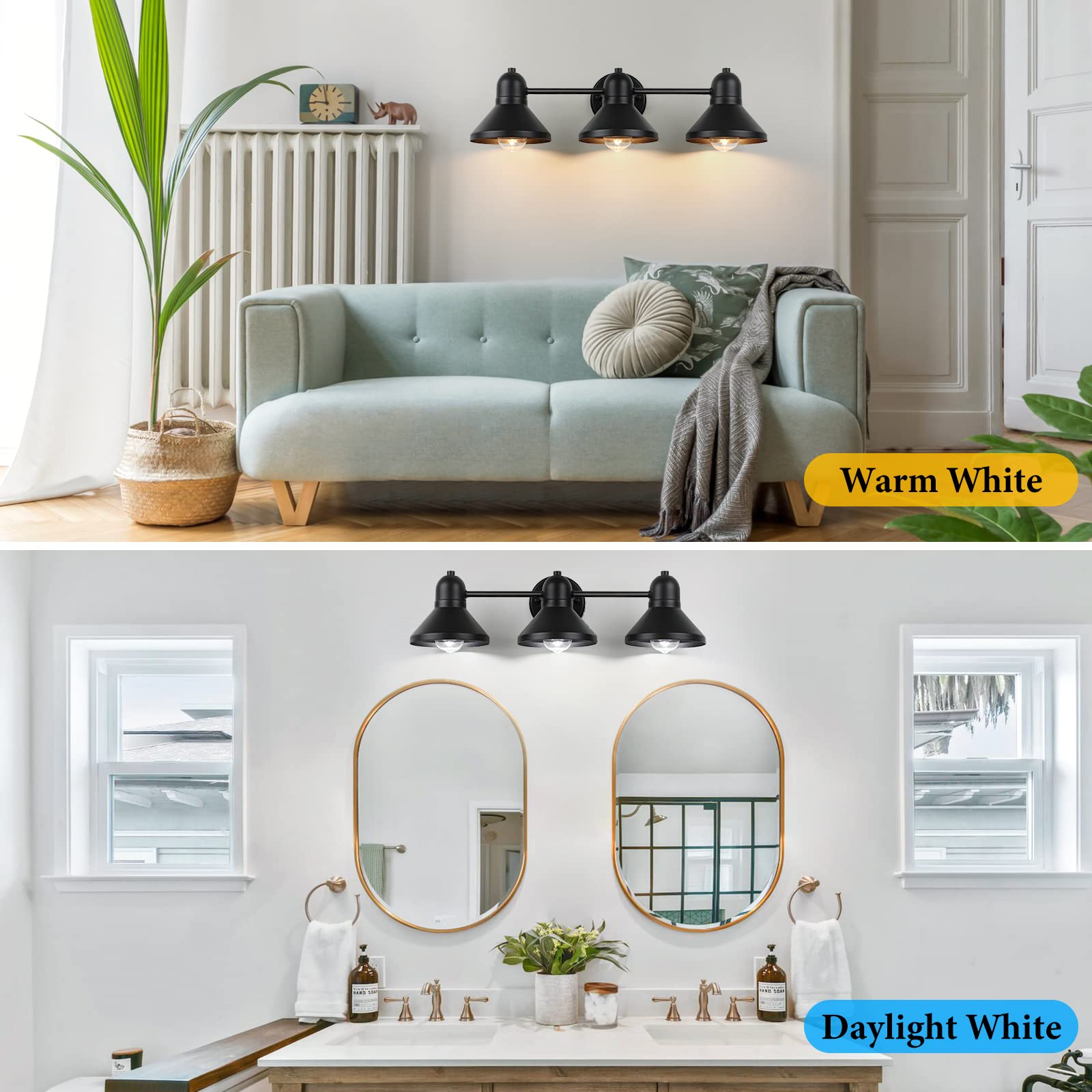 Bathroom Light Fixtures, 3-Light Vanity Light Over Mirror, Matte Black Metal Bathroom Light, Modern Farmhouse Rustic Industrial Indoor Wall Mount Lighting Sconce for Living Room Cabinet Hallway