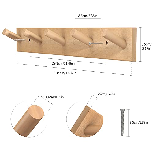 HangerSpace Wooden Wall Mounted Coat Rack, Natural Wood Duty Coat Hooks with 5 Pegs Wall Hooks, Wooden Coat Hanger Hat Rack for Hanging Coats Towels Purse Robes