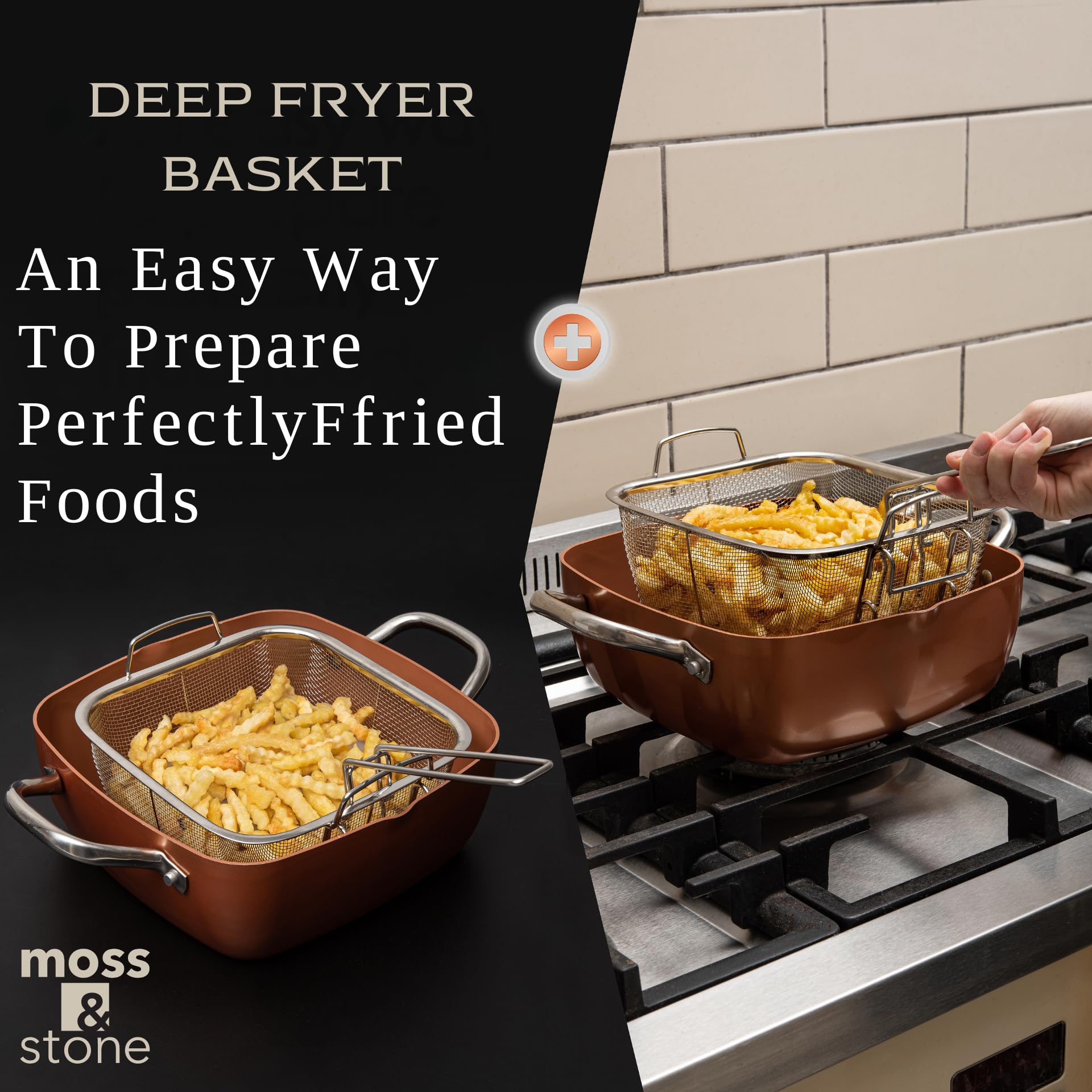 Moss & Stone 7 Pcs Copper Pots And Pans Set, Copper Chef Cookware Non Stick, Square Copper Pans for Cooking, Round Copper Pot & Fry Basket, Oven Safe 5 Quart Deep Frying Pan, Induction Cookware Set