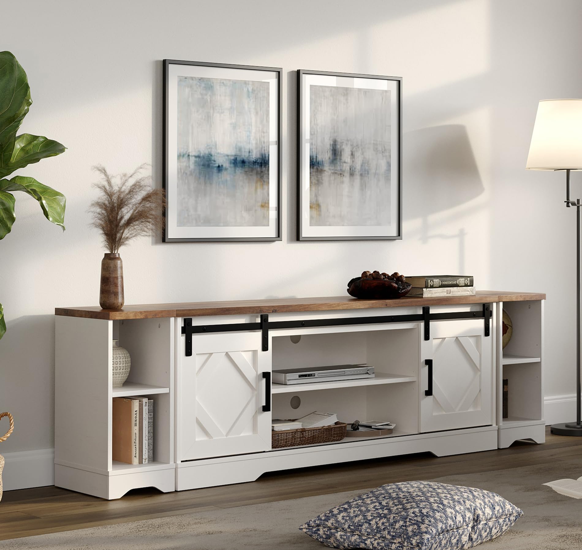 WAMPAT Modern Farmhouse 3 in 1 TV Stand for up to 85" TVs Wood Entertainment Center with Open Storage for Living Room,Antique White