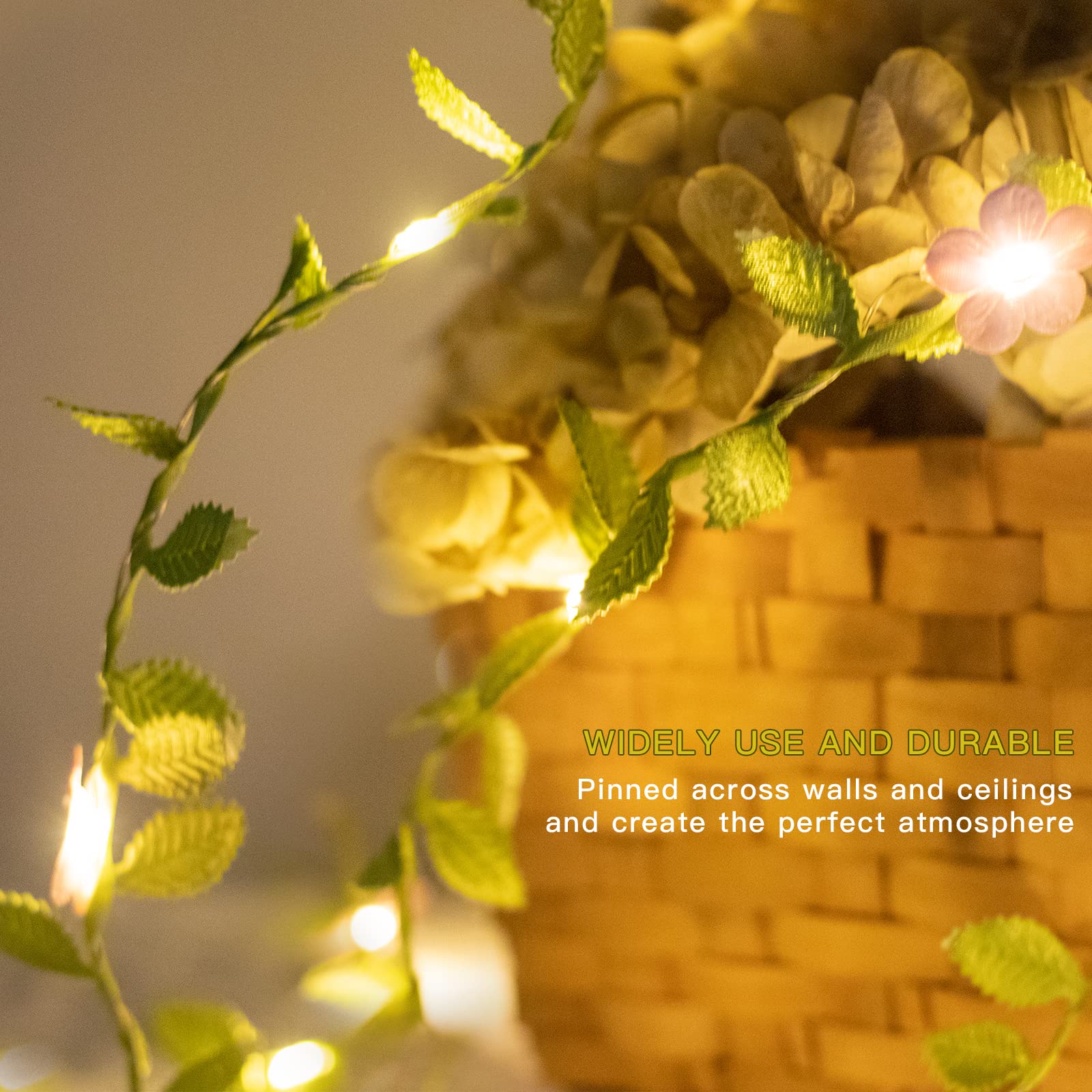 Vigdur 2 Packs Vine Lights - Tiny Leaf Ivy String Lights with 48 Cherry Blossom Lights Battery Powered Waterproof Fairy Light Indoor Outdoor for Bedroom Party Garden Wall Décor St. Patrick's Day