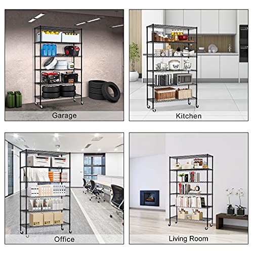 Hkeli Storage Metal Shelf Heavy Duty Wire Shelving Unit with Wheels 48inchx18inchx82inch Sturdy Steel Adjustable NSF 6 Tier Rack Standing Garage Shelves for Restaurant Garage Kitchen, Black