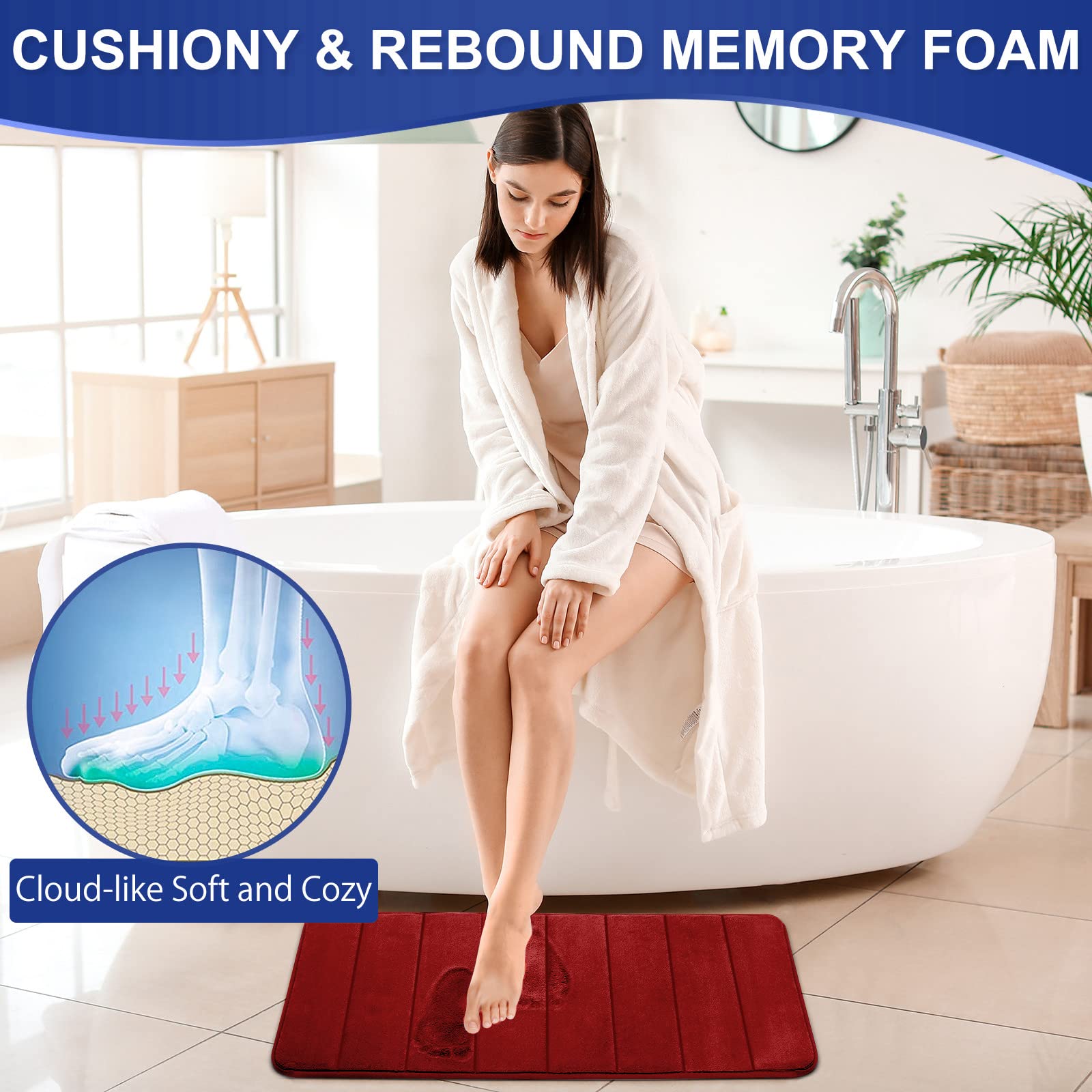 Memory Foam Bath Mat Set Bathroom Mat Set Ultra Soft 3 Piece Bathroom Rug Non Slip and Highly Absorbent Bathroom Floor Mat Machine Washable Toilet Mat（Burgundy, 17” X 24”+20” X 24”+20” X 32”)