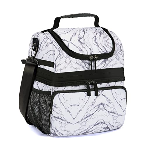 VENLING Insulated Lunch Bag for Men Women Expandable Dual Compartment Lunch Cooler Bag with Shoulder Strap Cooling Lunch Tote for Work Double Deck Lunch Box Leaproof Reusable Lunch Pail,Black Marble