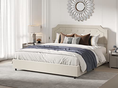 BONSOIR King Size Bed Frame Upholstered Low Profile Traditional Platform with Tufted and Nail HeadboardLinen Fabric Upholstery Color of Sand (Sand, King Size)