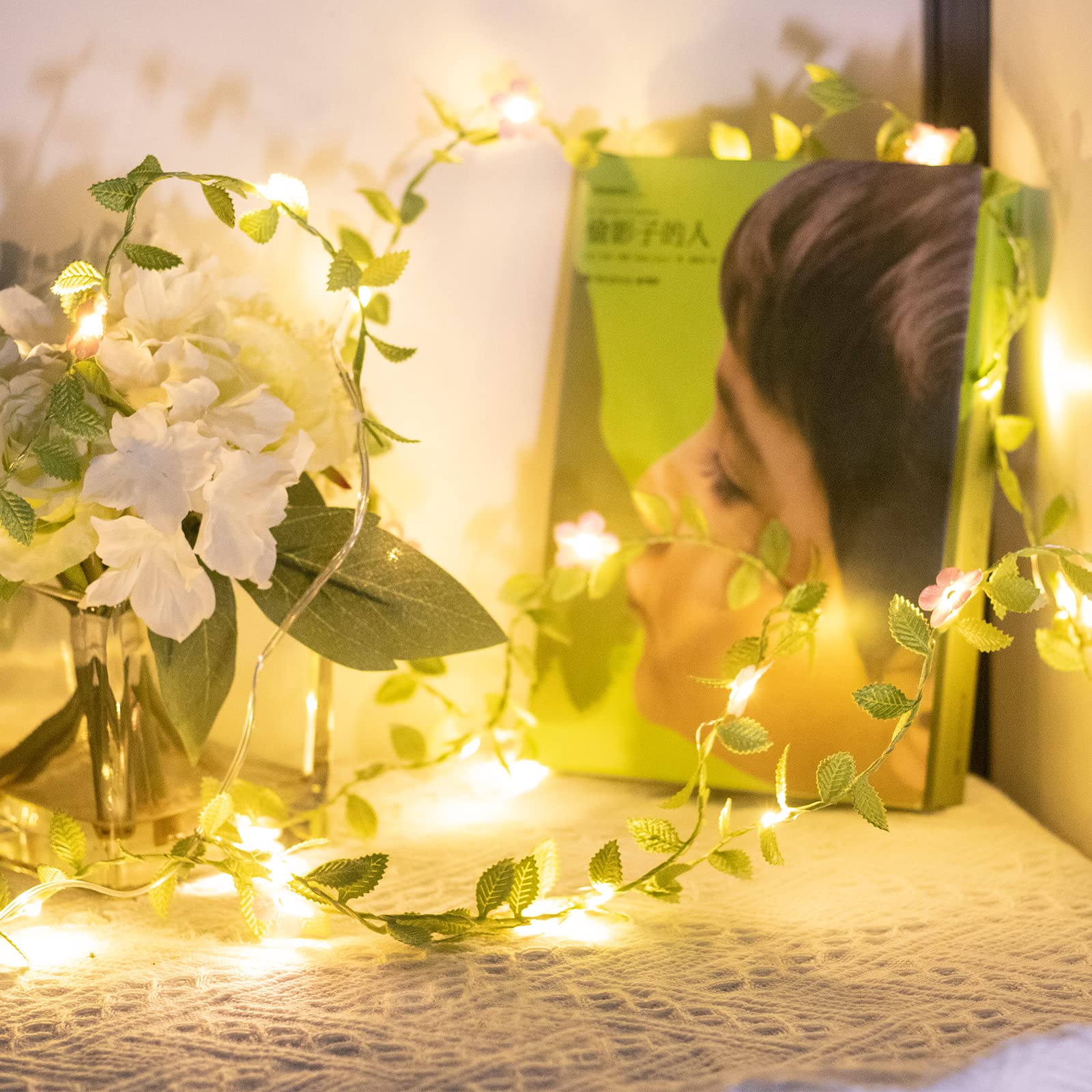 Vigdur 2 Packs Vine Lights - Tiny Leaf Ivy String Lights with 48 Cherry Blossom Lights Battery Powered Waterproof Fairy Light Indoor Outdoor for Bedroom Party Garden Wall Décor St. Patrick's Day