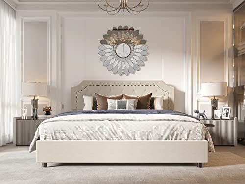 BONSOIR King Size Bed Frame Upholstered Low Profile Traditional Platform with Tufted and Nail HeadboardLinen Fabric Upholstery Color of Sand (Sand, King Size)