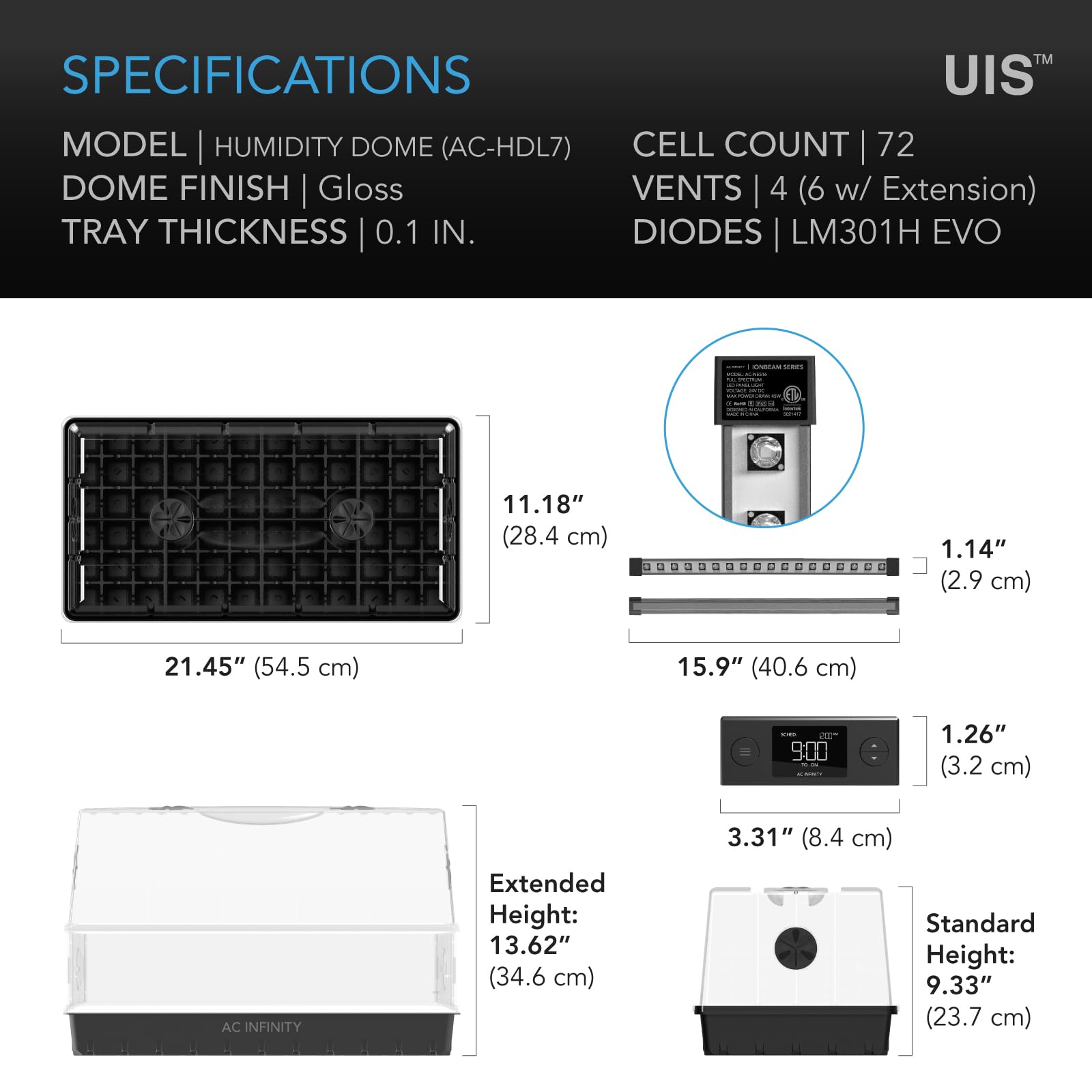 AC Infinity Heavy Duty 3mm Thick Humidity Dome with Height Extension, Germination Kit with LED Grow Light Bars, Sturdy Drip Tray, 6x12 Cell Tray for Indoor Gardening, Seed Starting, Cloning Plants