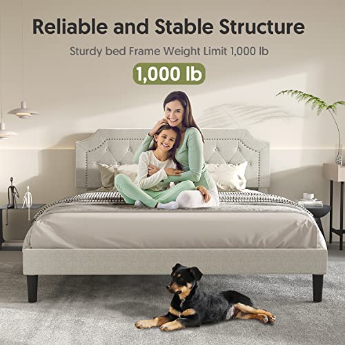 BONSOIR King Size Bed Frame Upholstered Low Profile Traditional Platform with Tufted and Nail HeadboardLinen Fabric Upholstery Color of Sand (Sand, King Size)